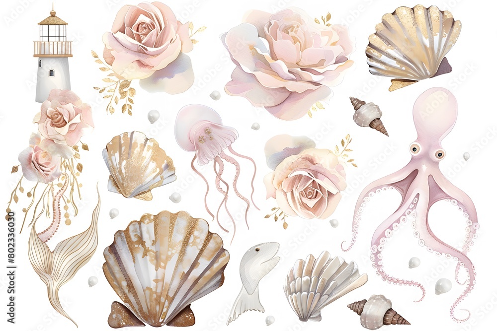 watercolor, cute and creepy sea animals clipart set 素材庫插圖 | Adobe Stock
