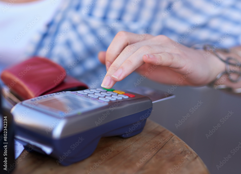 Machine, hand and credit card for payment, ecommerce and password with ...