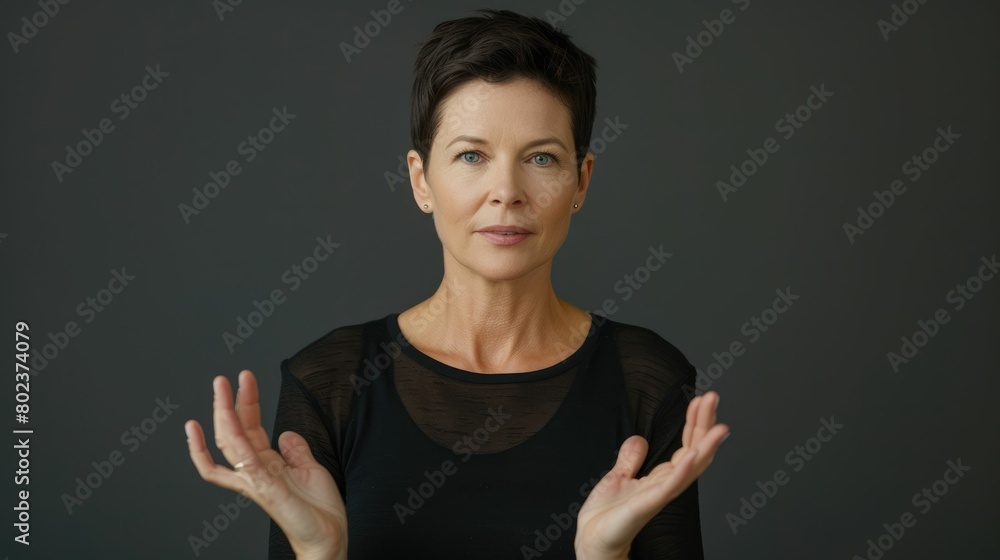 The picture of the interpreter is using the hand signal with the black ...