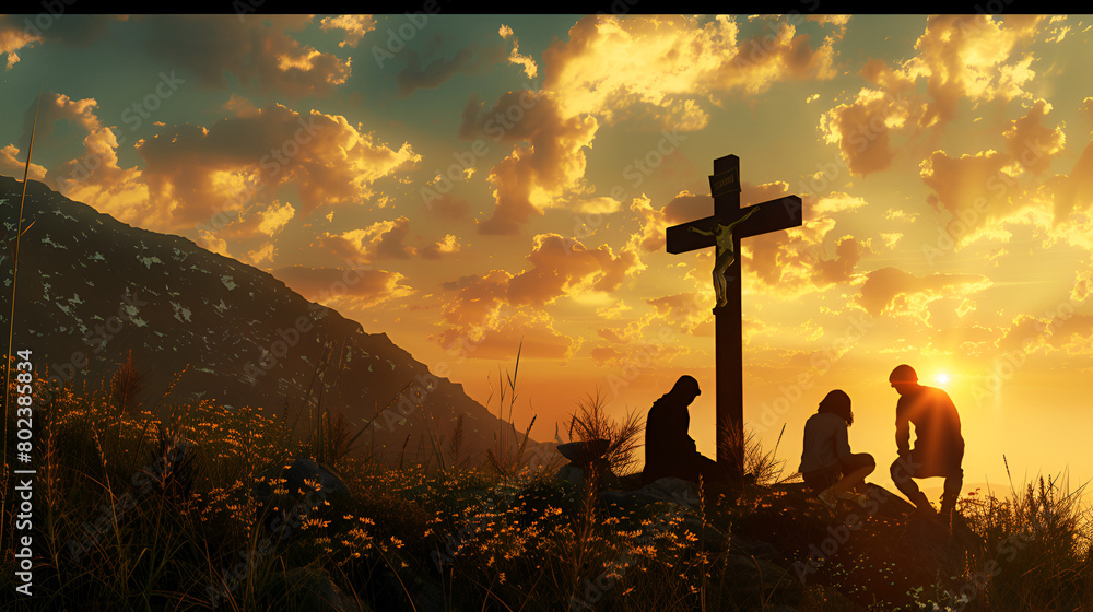 Personas Familia Amigos Orando Y Rezando Ante La Cruz De Dios