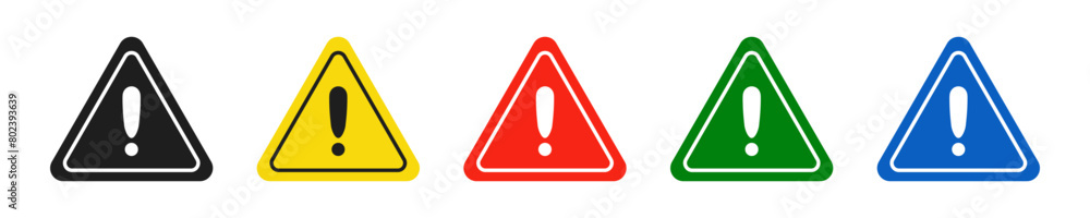 Set of triangular black, yellow, red, green and blue road signs with ...