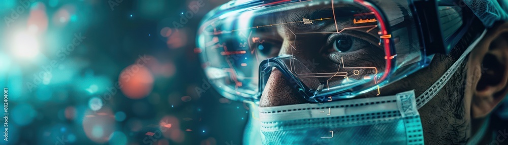 Surgeon using augmented reality goggles to visualize anatomy, close-up ...