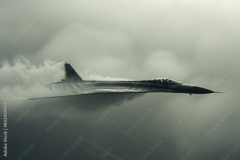 Supersonic jet breaking the sound barrier, cone of shock waves visible ...