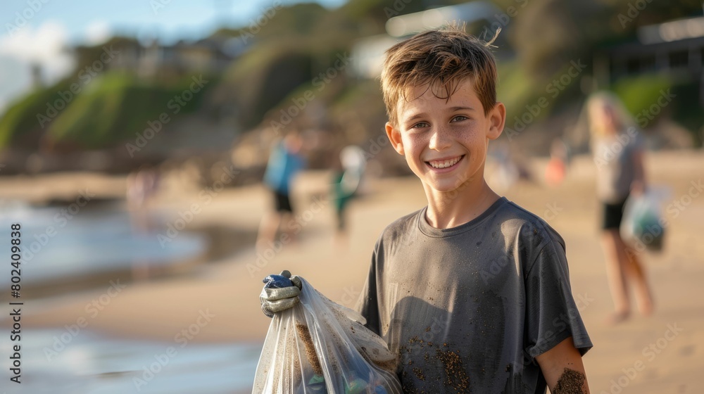 The picture of the caucasian boy and plastic bag with happiness at the ...