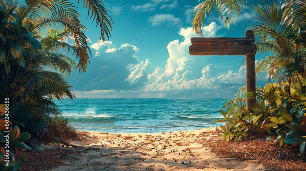 Sandy path leading to a tranquil, turquoise beach framed by lush green ...