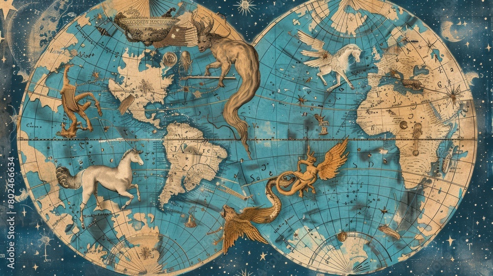 Ilustrace Vintage-inspired illustrations of zodiac constellations, styled as old celestial maps ...