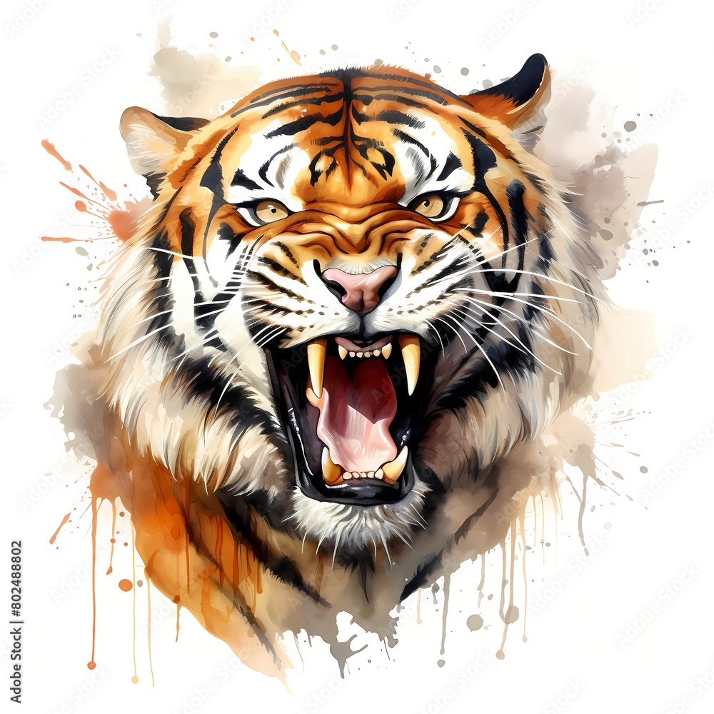 Angry tiger. Bengal tiger. Big wild cat clipart. Watercolor ...