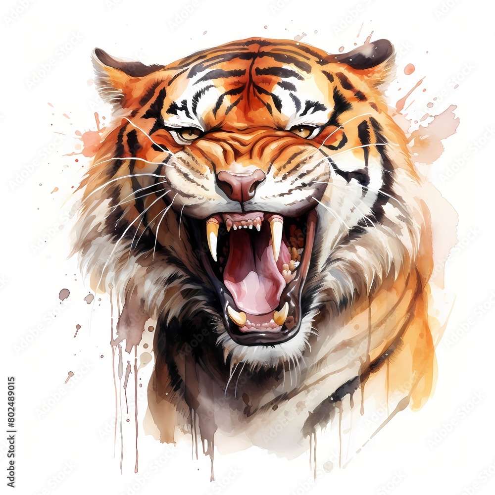 Angry tiger. Bengal tiger. Big wild cat clipart. Watercolor ...