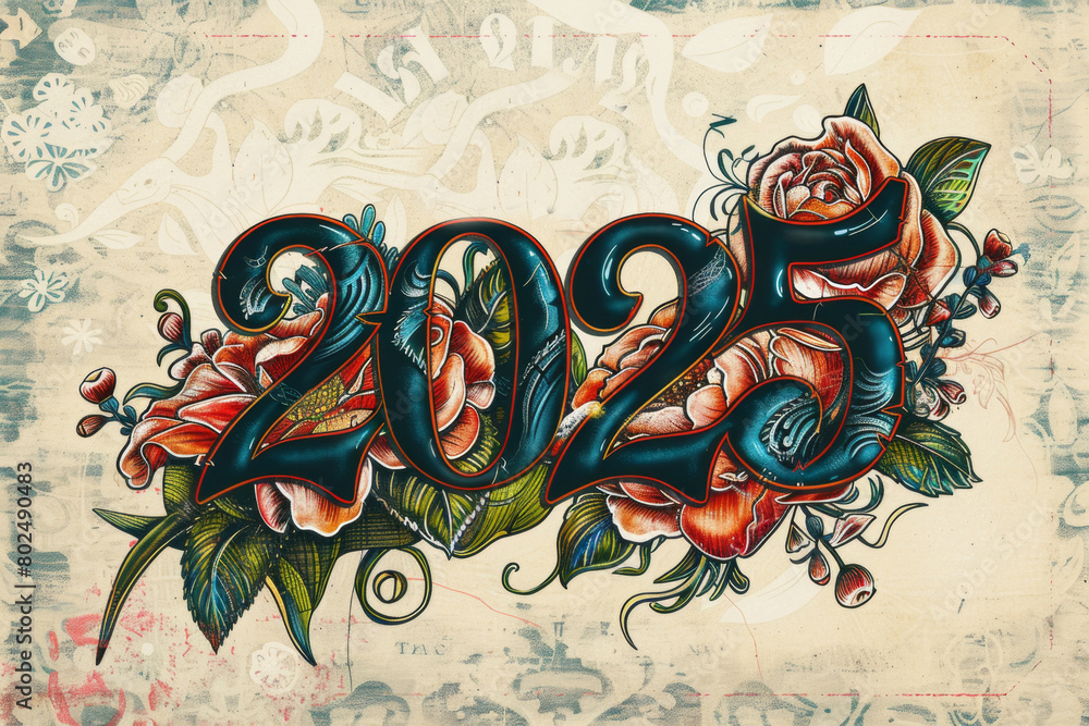 Vintage 2025 drawing, tattoo sketch Hand Drawn Numbers, New Year 2025 ...