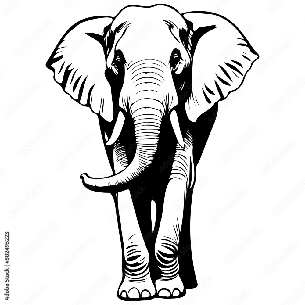 Asian Elephant portrait drawing, outline cartoon animal, vector ...