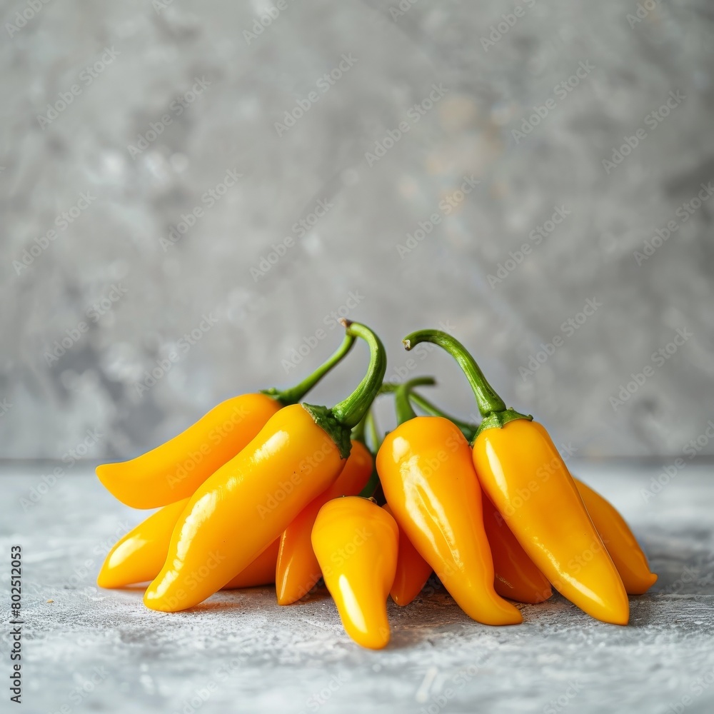 A cluster of small, bright yellow peppers on a soft grey background ...