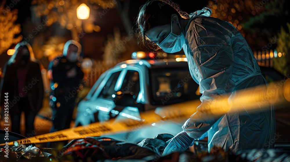 Forensic investigator examines crime scene at night. Police work in the ...