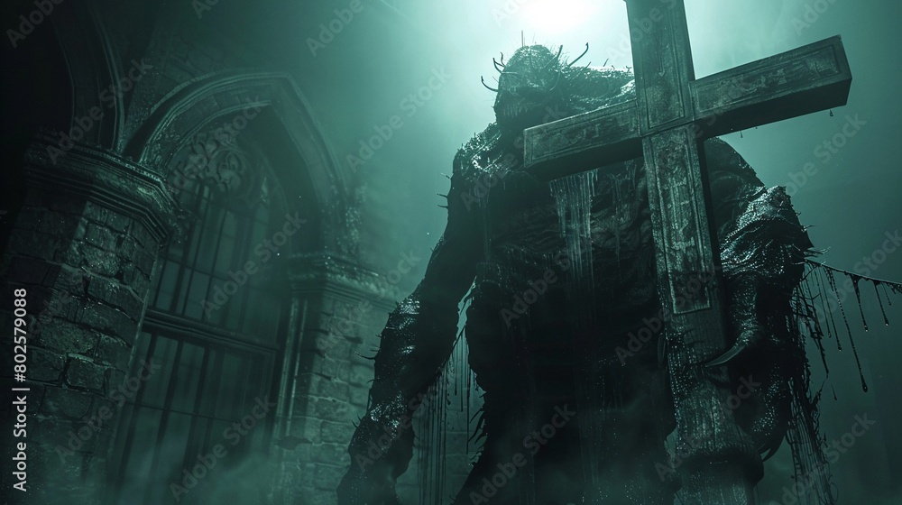 A monstrous creature hanging on a cross, depicted in a dark and eerie ...