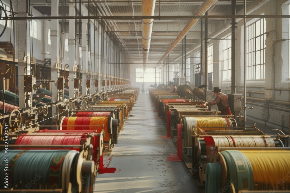 A photo of interior of woven factory with machine working while waving ...