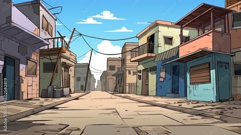 Cartoon illustration of a dilapidated urban street with shabby shacks ...