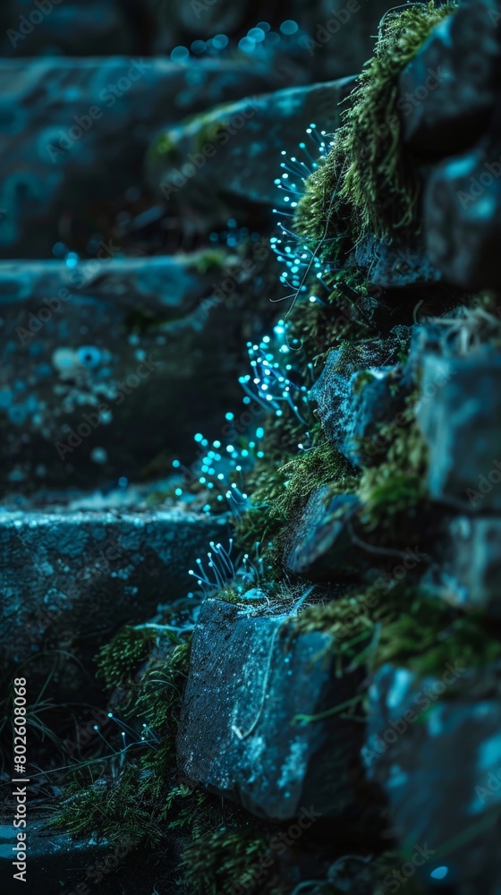 Glowing blue moss growing on the stone steps adds a magical touch to ...