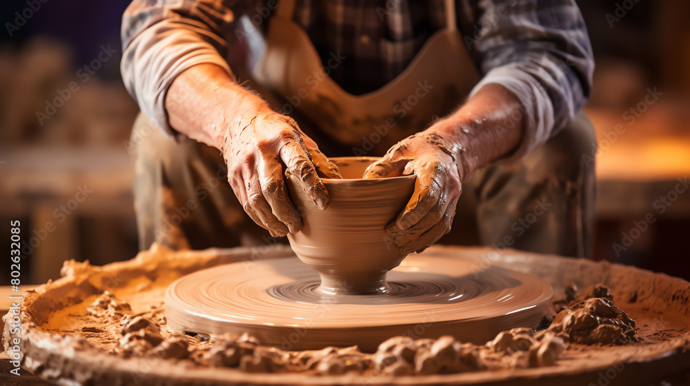 Potter centering a lump of clay on a spinning wheel, beginning stages ...