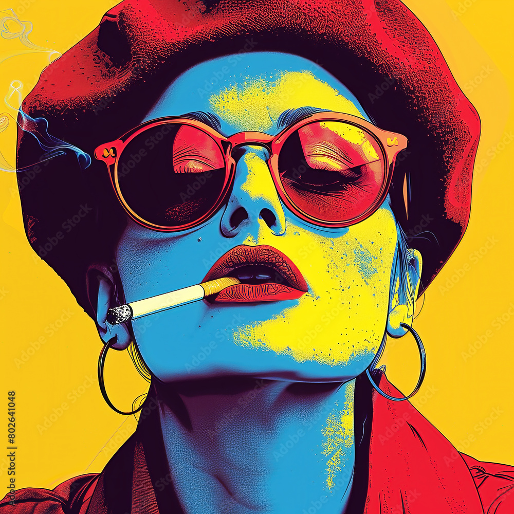 Brightly colored pop art illustration of a French woman wearing ...