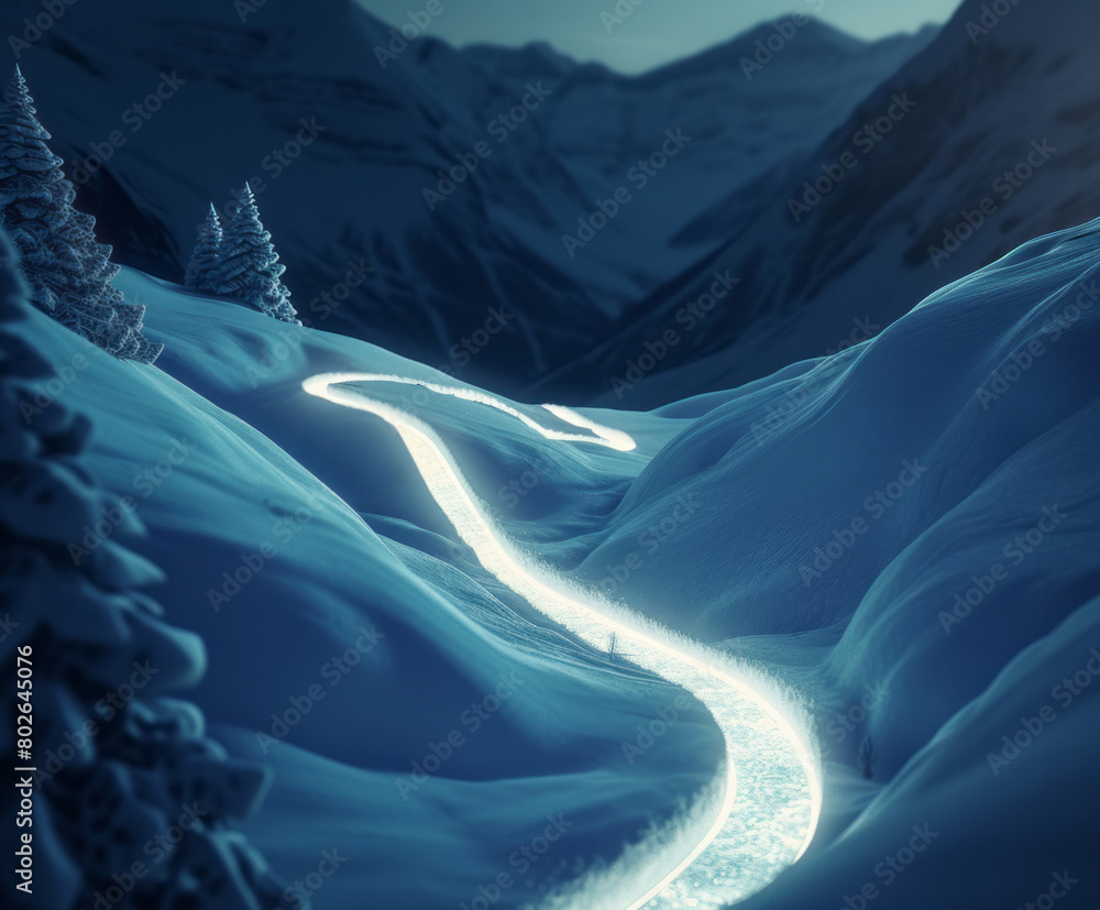 A bright light illuminates the pathway across a snowy mountain ...