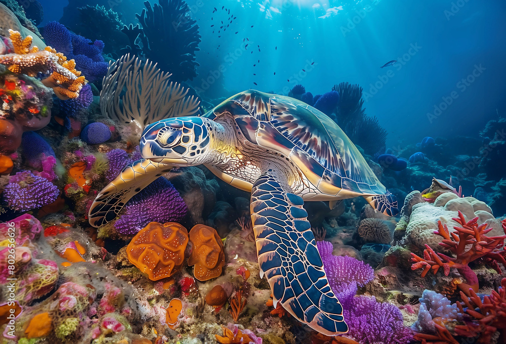 A beautiful coral reef underwater scene, teeming with marine life and a ...