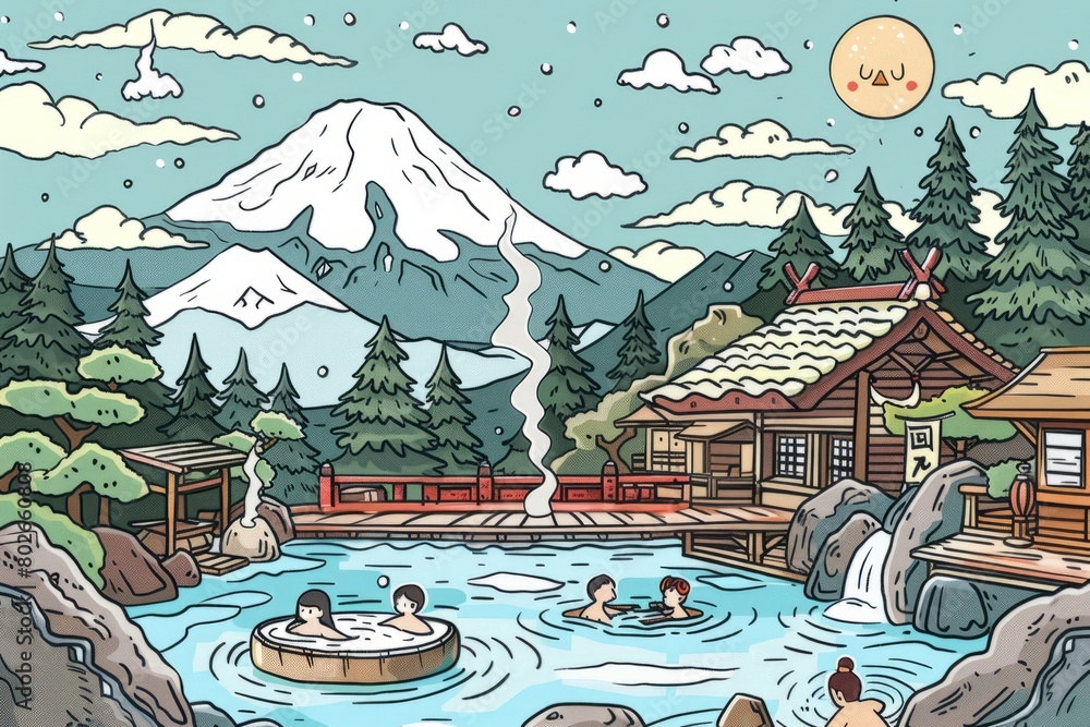 Cartoon cute doodles of a traditional Japanese onsen (hot spring ...