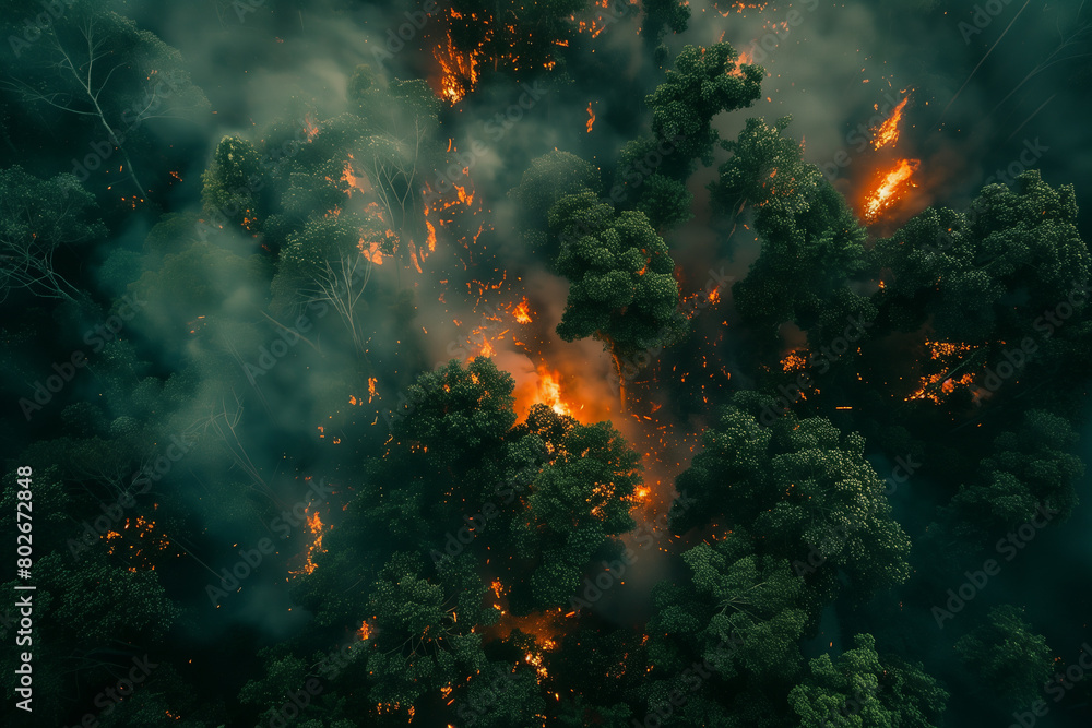 Aerial view of a dense forest ablaze, with flames and smoke engulfing trees in a dramatic ...