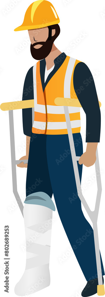 Broken leg worker walking with crutch. Safety first, accident and ...