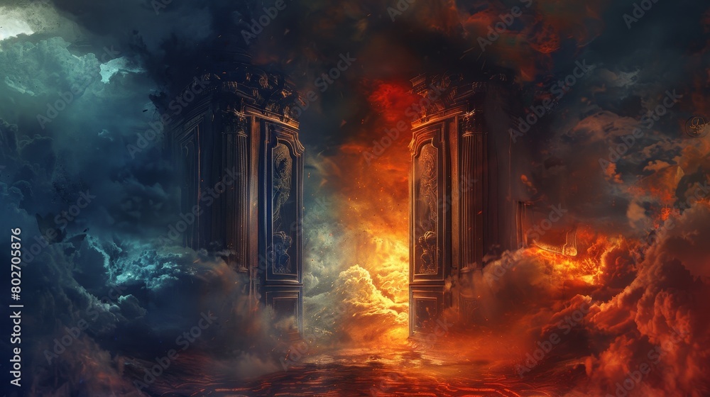 Dramatic portrayal of heaven and hell doors, hell with burning flames ...