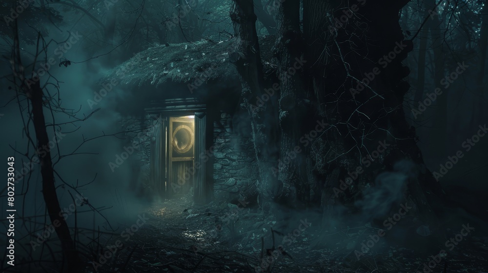 Eerie hut in the heart of a dark forest, light shining from an open ...