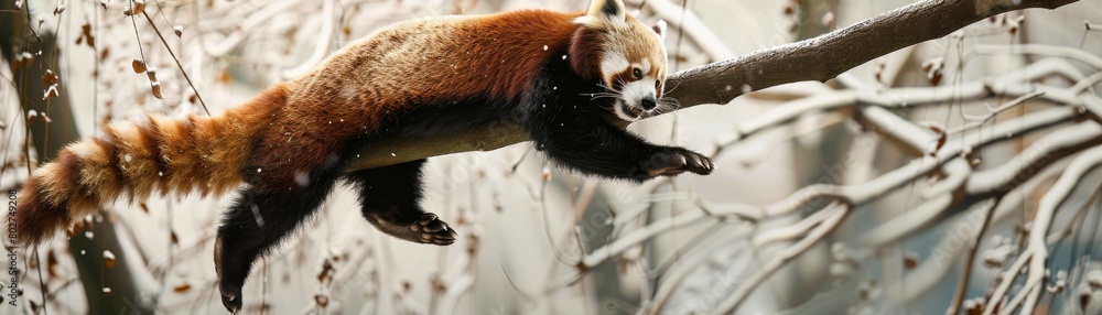 Red panda in an action pose, leaping between branches, dynamic and ...