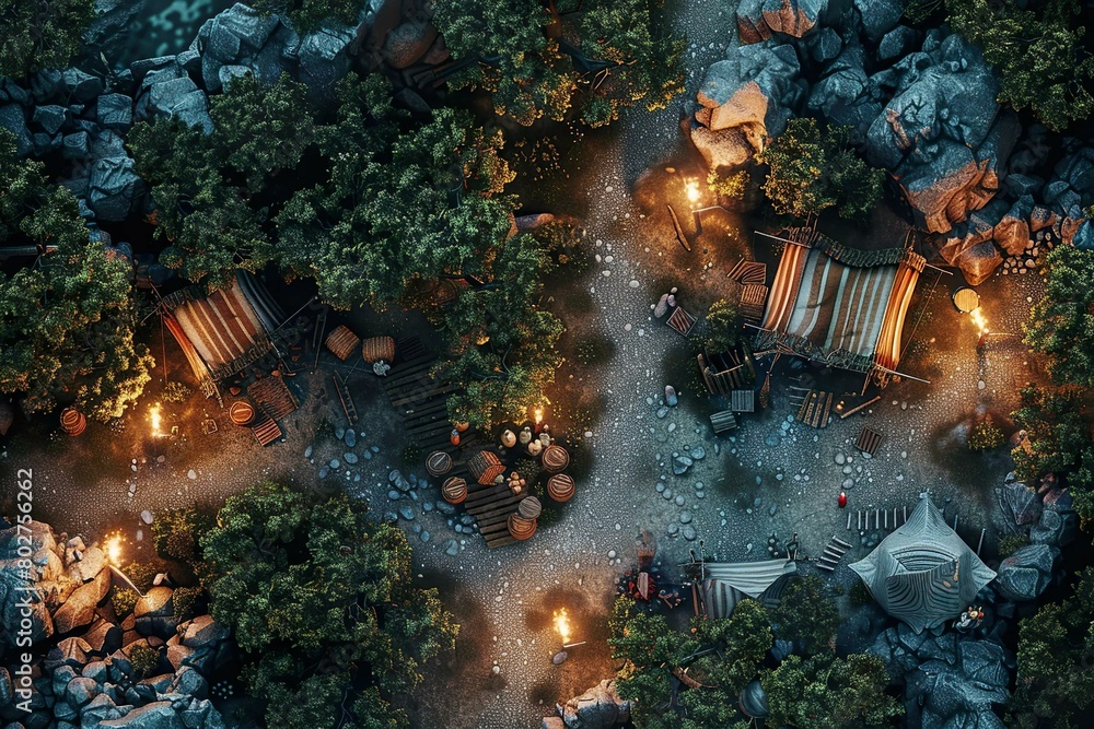 DnD Battlemap Goblin camp battle map in a forest clearing with tents and carts. Stock ...