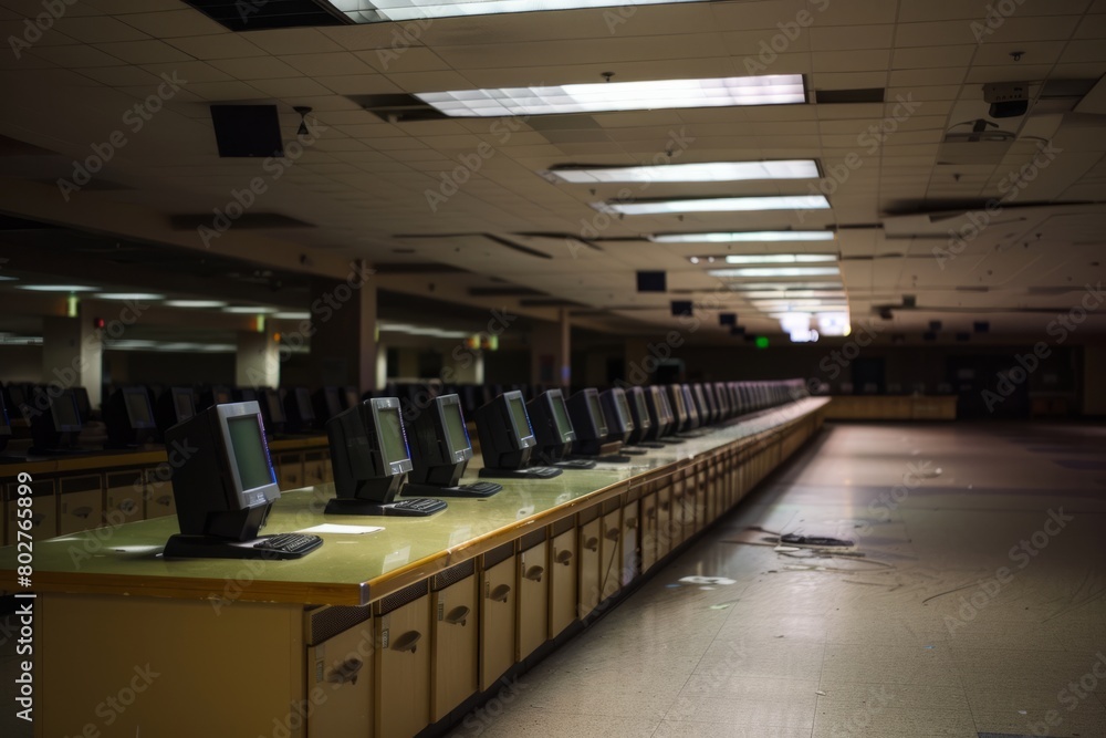 Explore the abandoned ticket counters of an empty airport check-in area ...