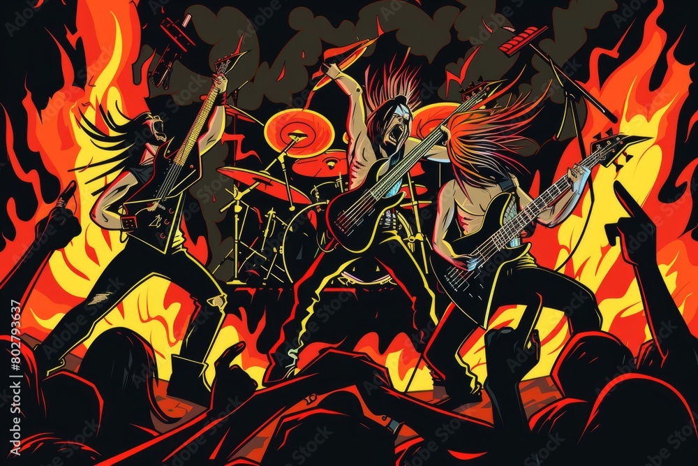 Cartoon cute doodles of a heavy metal band thrashing on stage, with ...