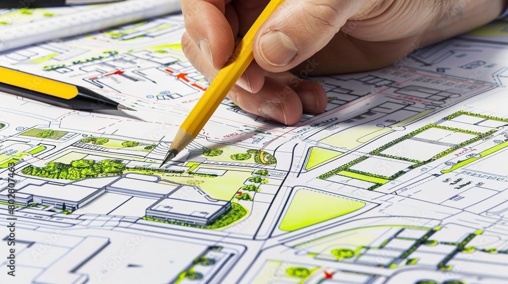 Engineer's hand drawing on a site development plan, close-up, detailed drawing, clear focus ...