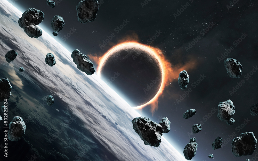 3D illustration of solar eclipse at Earth orbit. High quality digital ...