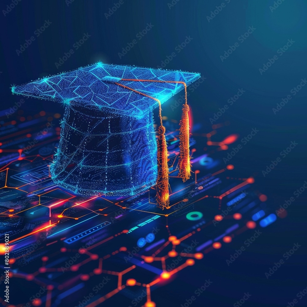A visually striking digital artwork featuring a graduation cap glowing ...