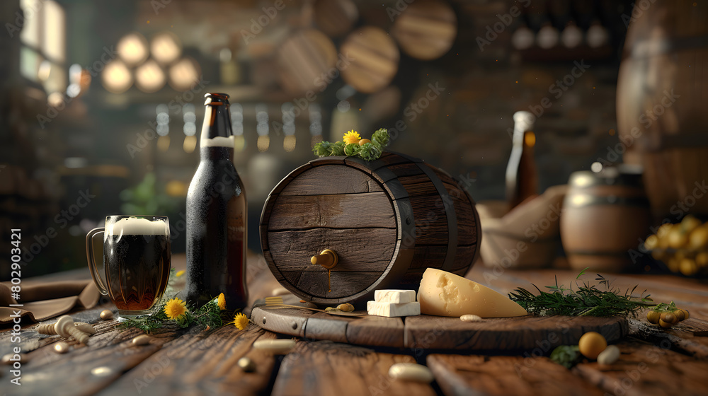 Beer's in oak beer barrel and brie de meux, epoisse, comte background ...