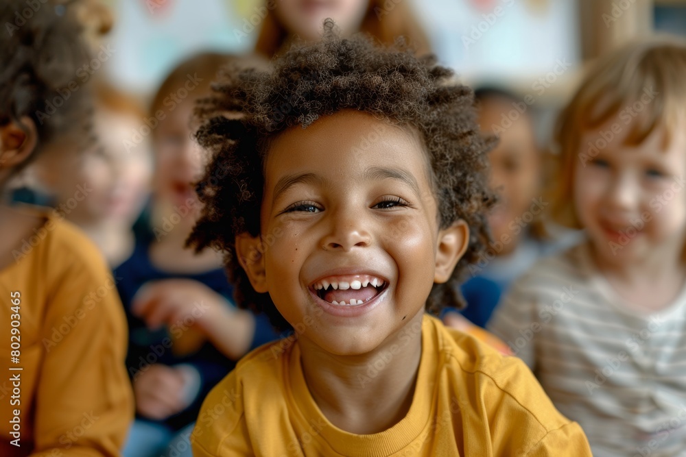 diverse kid smiling at school with group of children in classroom ...