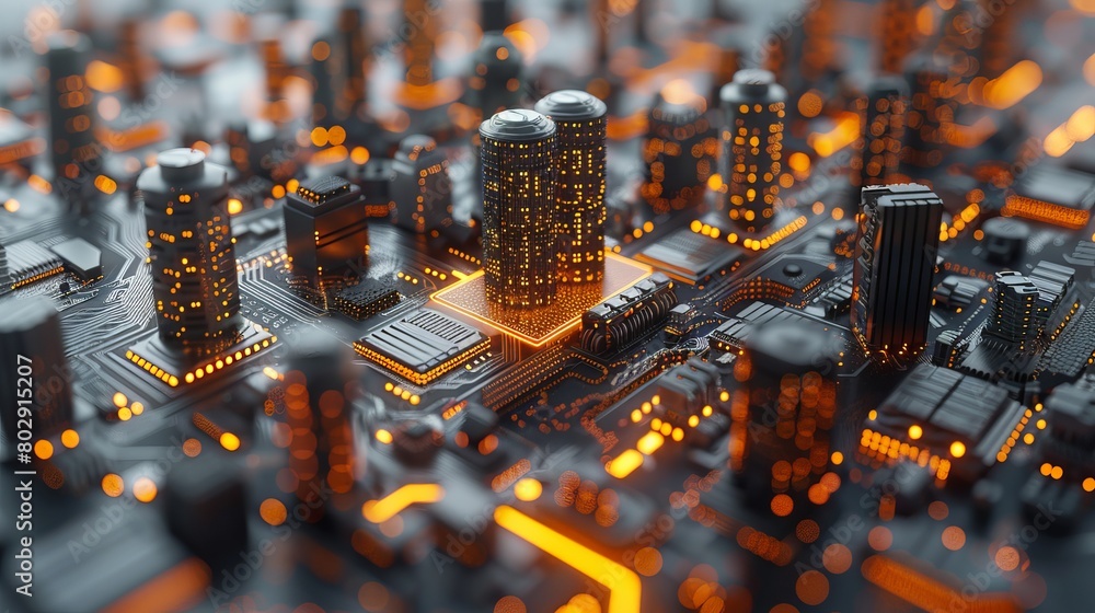 Smart chip processor integrated with buildings, illustrating the ...