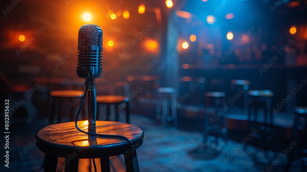 Stage setup for stand-up comedy with a microphone and stool, featuring ...