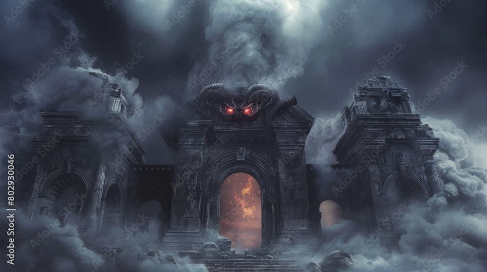 Mythological representation of Hades' gates, featuring Cerberus with ...