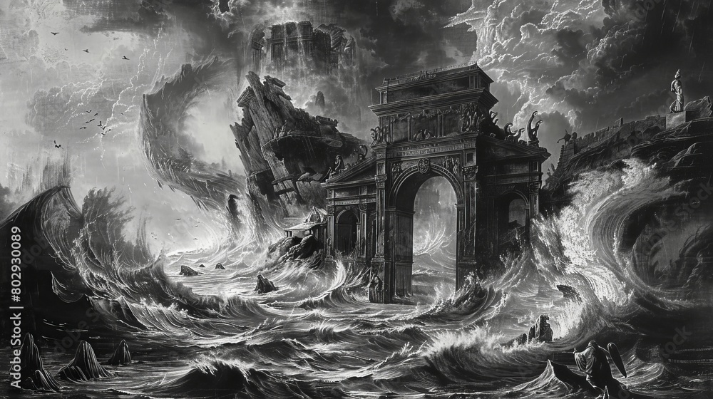 Mystical depiction of the gates of hell, where Charon, the ancient ...