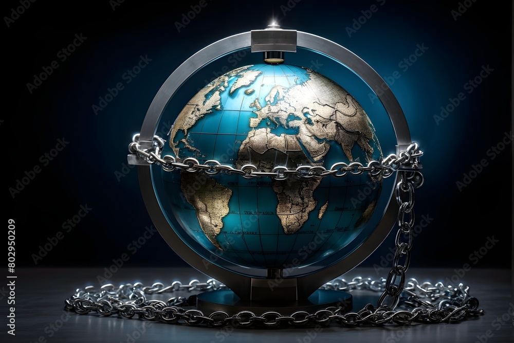 conceptual digital render showing a globe ensnared and locked by ...