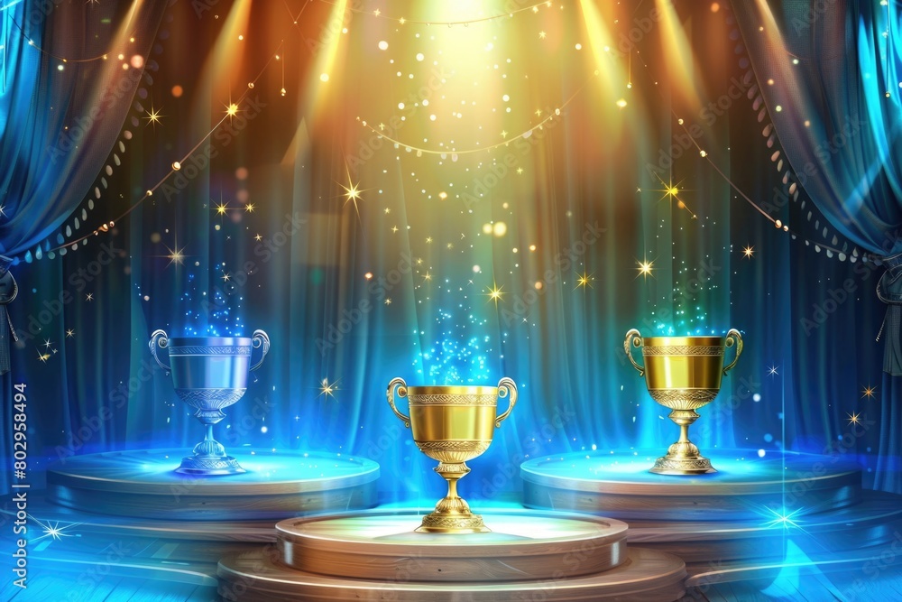 Stage setup with gold trophies and blue curtain, suitable for award ...
