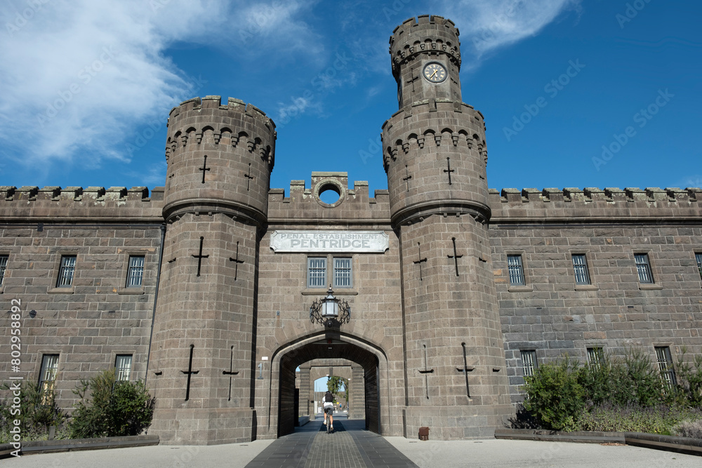 Front entrance towers and main sign of the former Pentridge Prison in ...