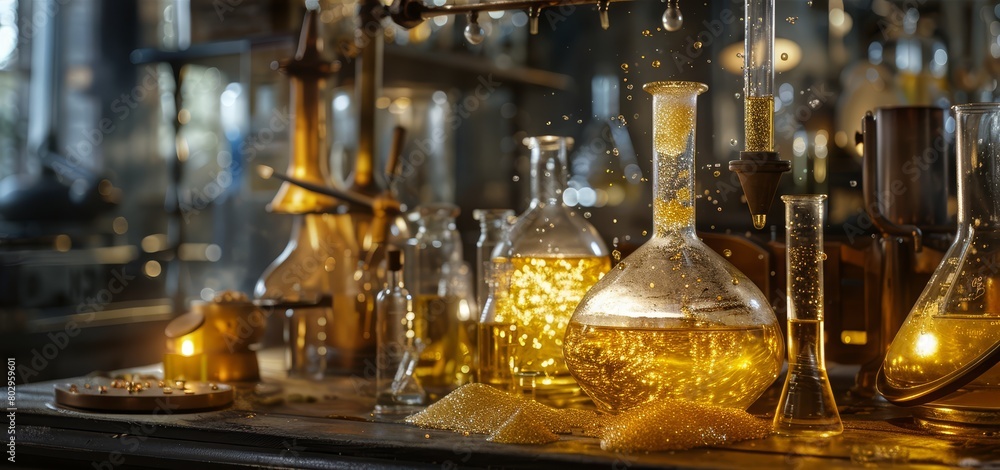 Close-up shot of a modern interpretation of alchemical gold ...