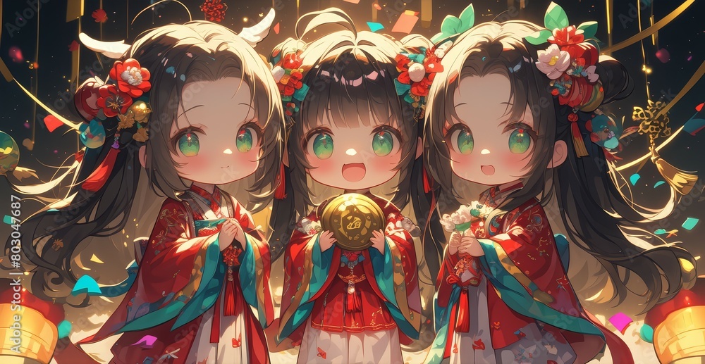 chibi, three cute little girls with long hair and big eyes wearing red ...