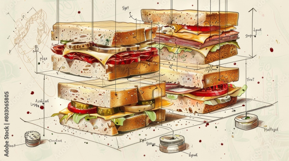 Illustration of a deconstructed sandwich showing detailed layers with ...