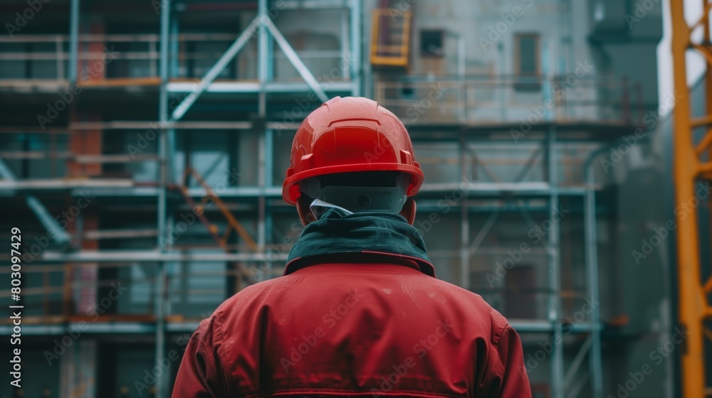 Rear view of a construction worker wearing a red hard hat and jacket at ...
