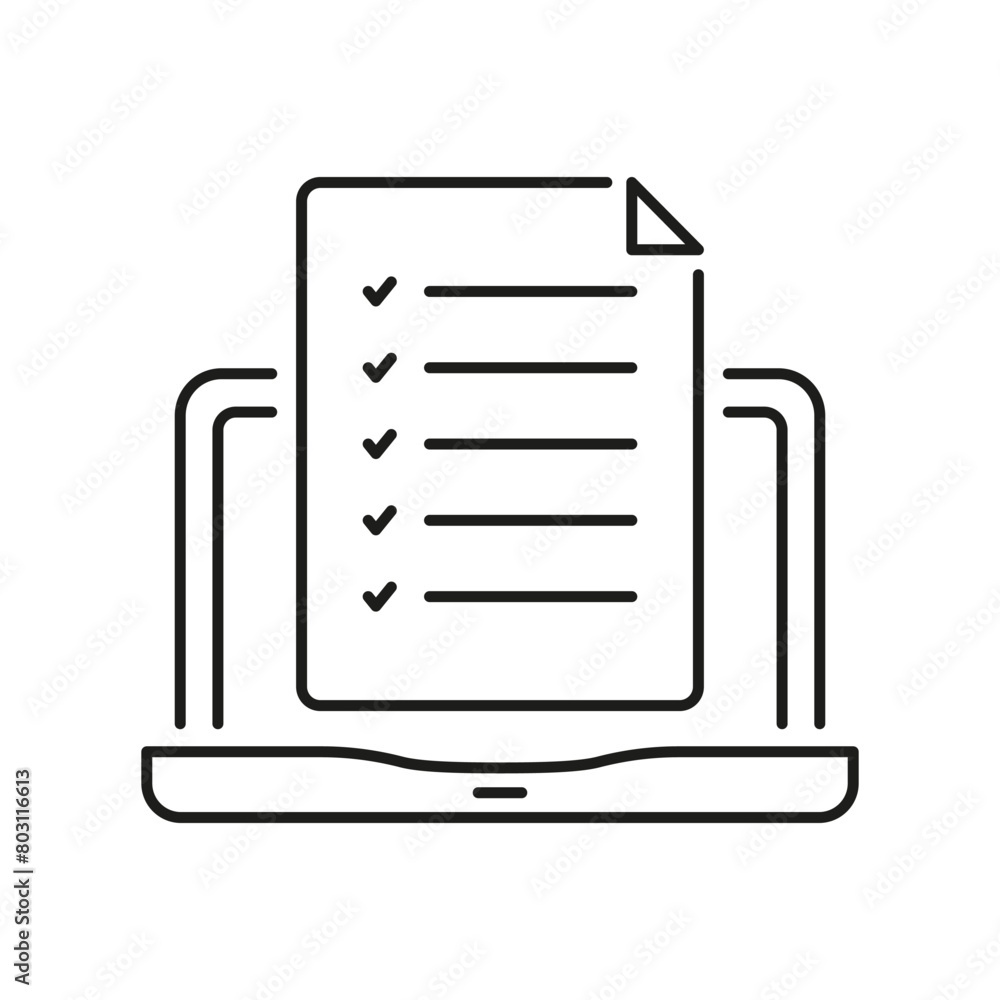 Online Test On Laptop Line Icon. Computer With Checklist Linear ...